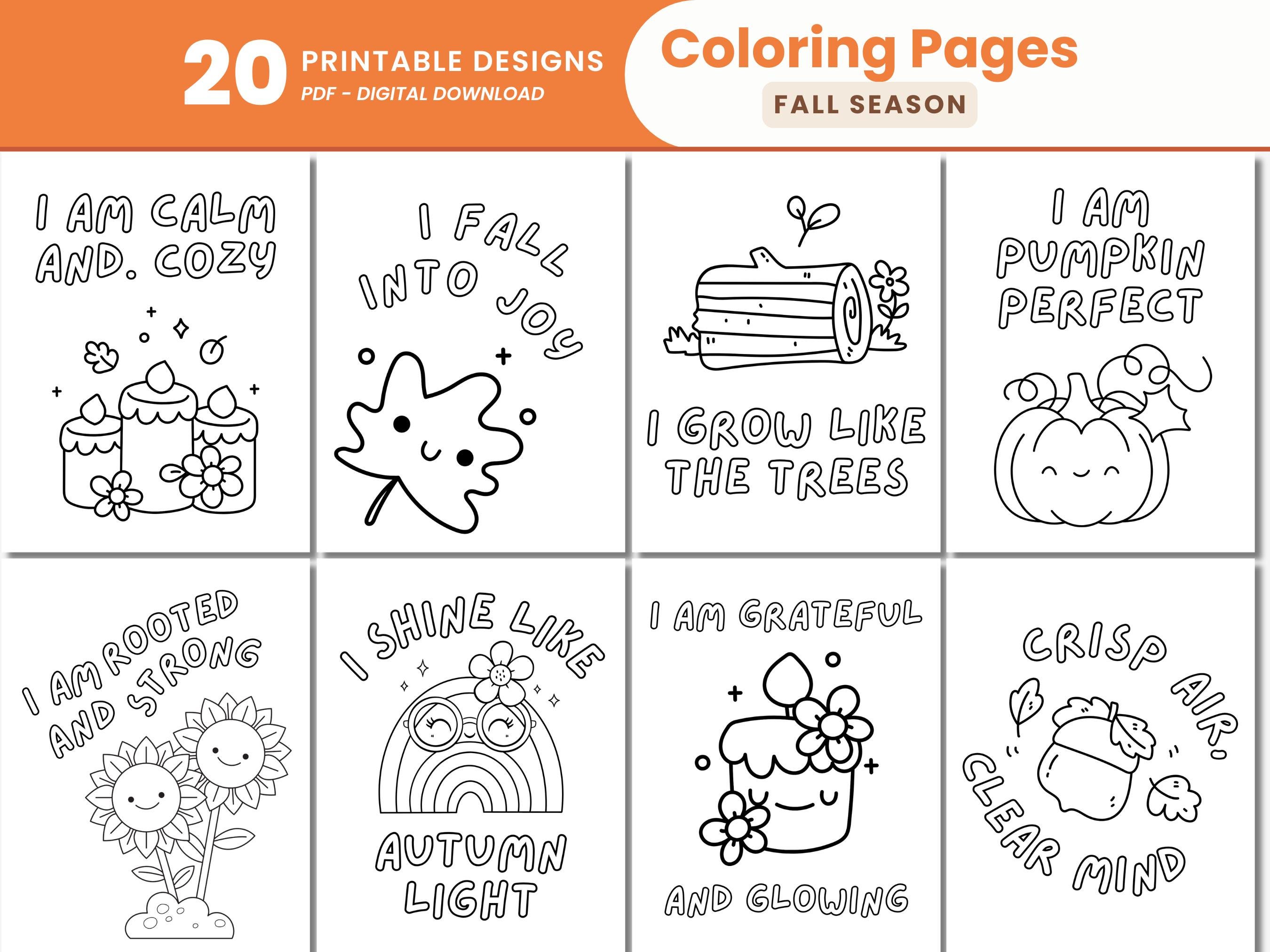 Kawaii Fall Affirmation Coloring Pages for Kids Printable Cute Autumn ...