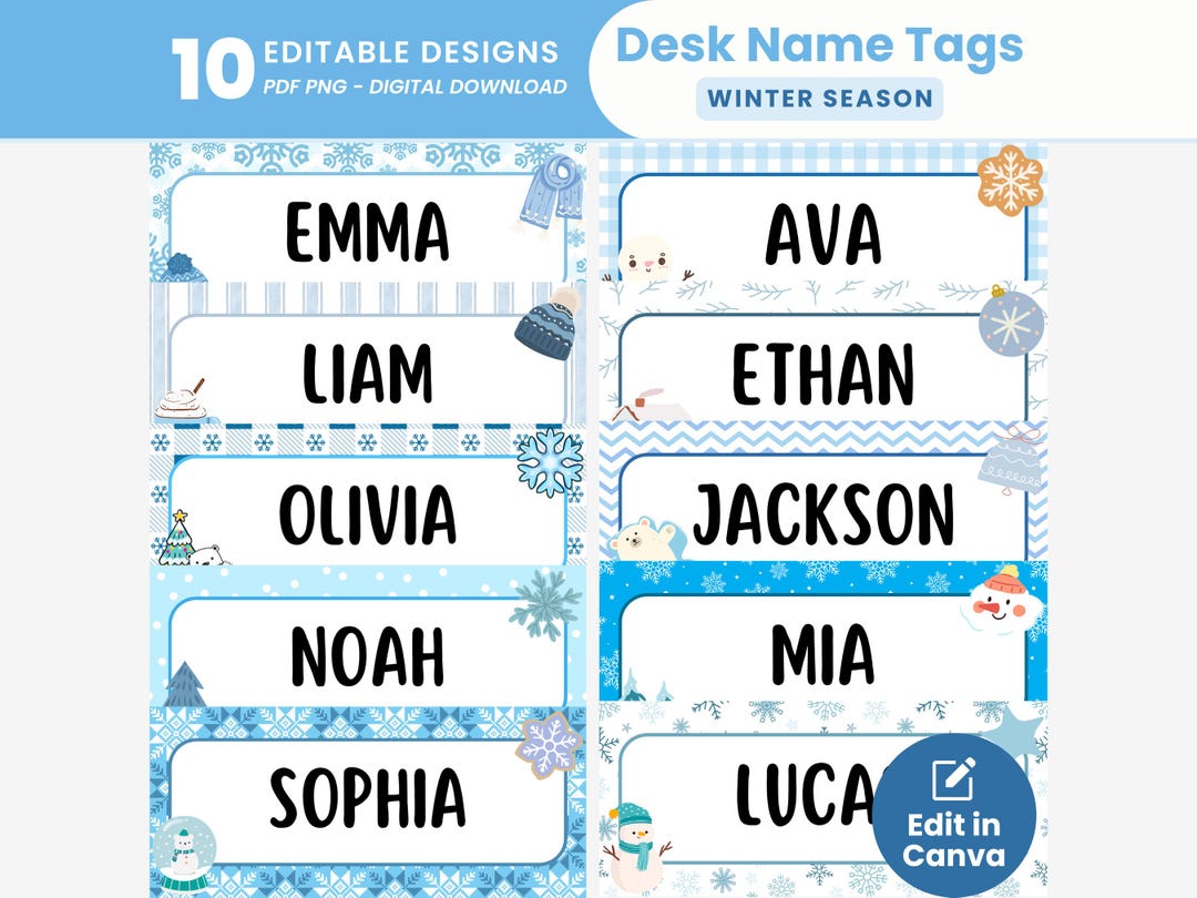 Winter Desk Name Tags Editable Cute Winter Student Name Tags Cozy ...