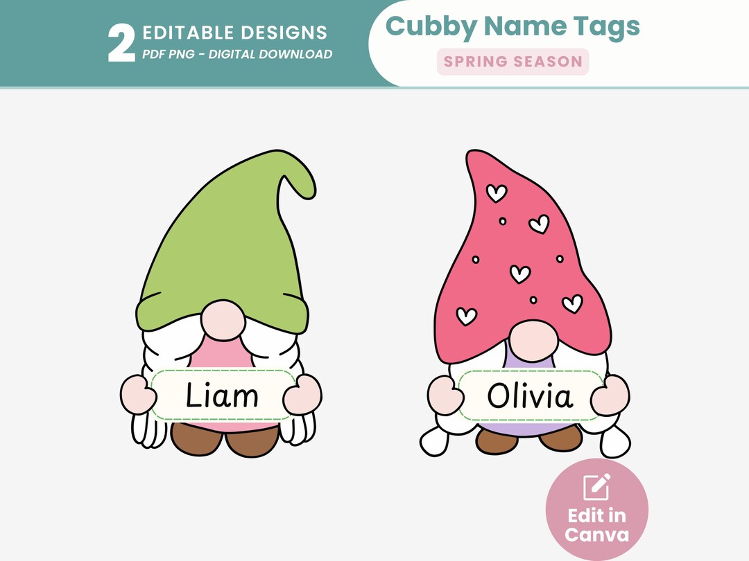 Spring Gnome Cubby Name Tags Editable Student Name Tags for Kids March ...