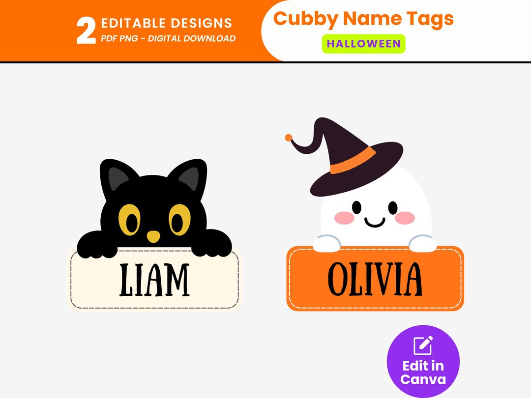 Halloween Cubby Name Tags Editable Ghost and Cat Name Tags Printable ...