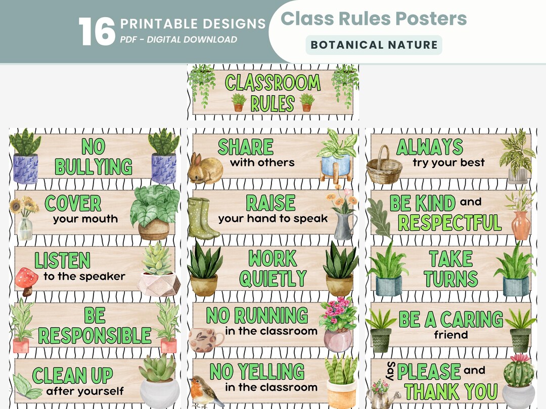 Botanical Nature Classroom Rules Posters for Bulletin Board Display ...