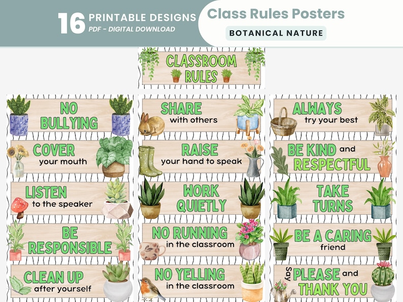 Botanical Nature Classroom Rules Posters for Bulletin Board Display ...