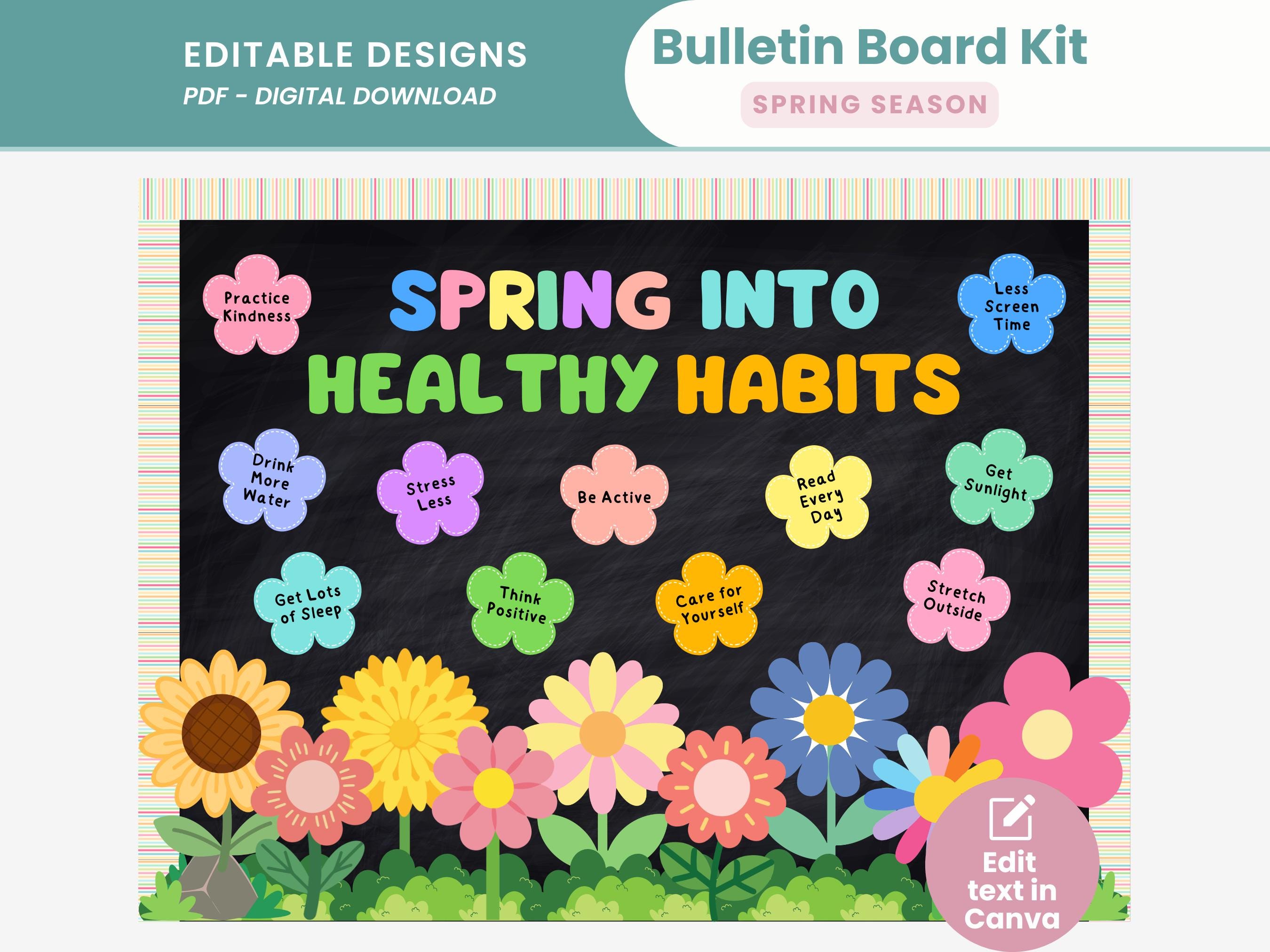 Spring Into Healthy Habits Bulletin Board Kit Editable Health Wellness ...