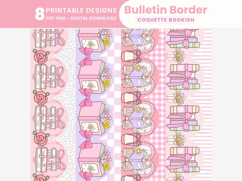 Coquette Bookish Bulletin Board Borders Display Printable Books and ...