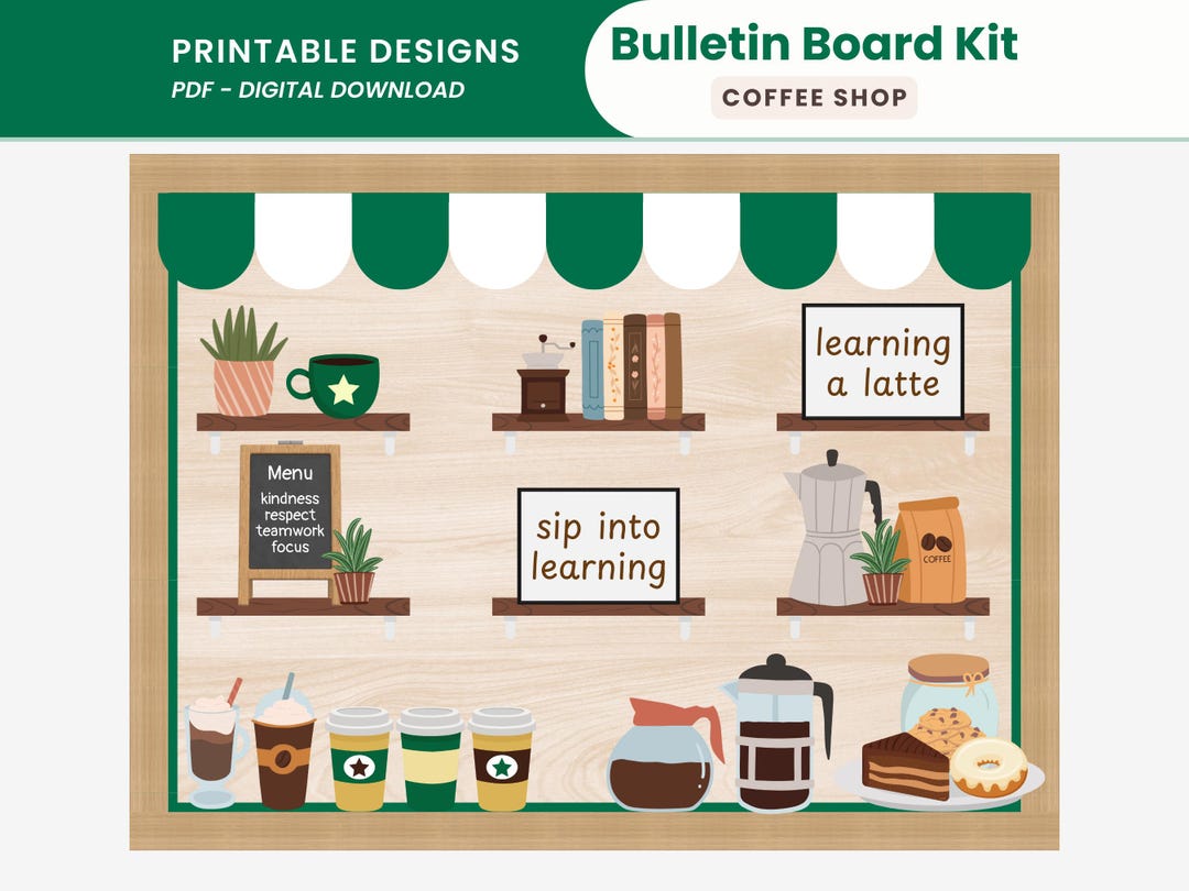 Green Coffee Shop Bulletin Board Kit Printable Cafe Bulletin Board ...