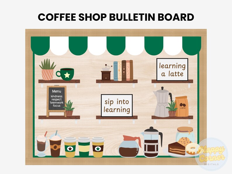 Green Coffee Shop Bulletin Board Kit Printable Cafe Bulletin Board ...