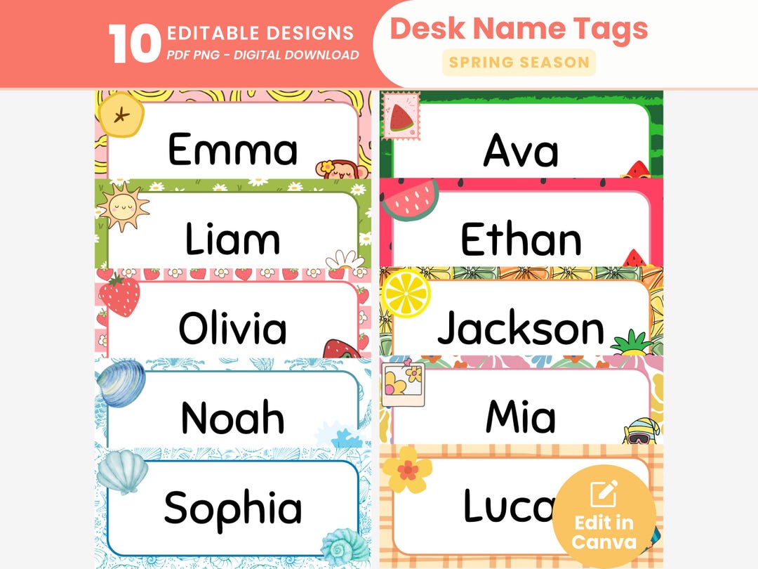 Summer Desk Name Tags Printable Summer Student Names Tags Editable Cute ...