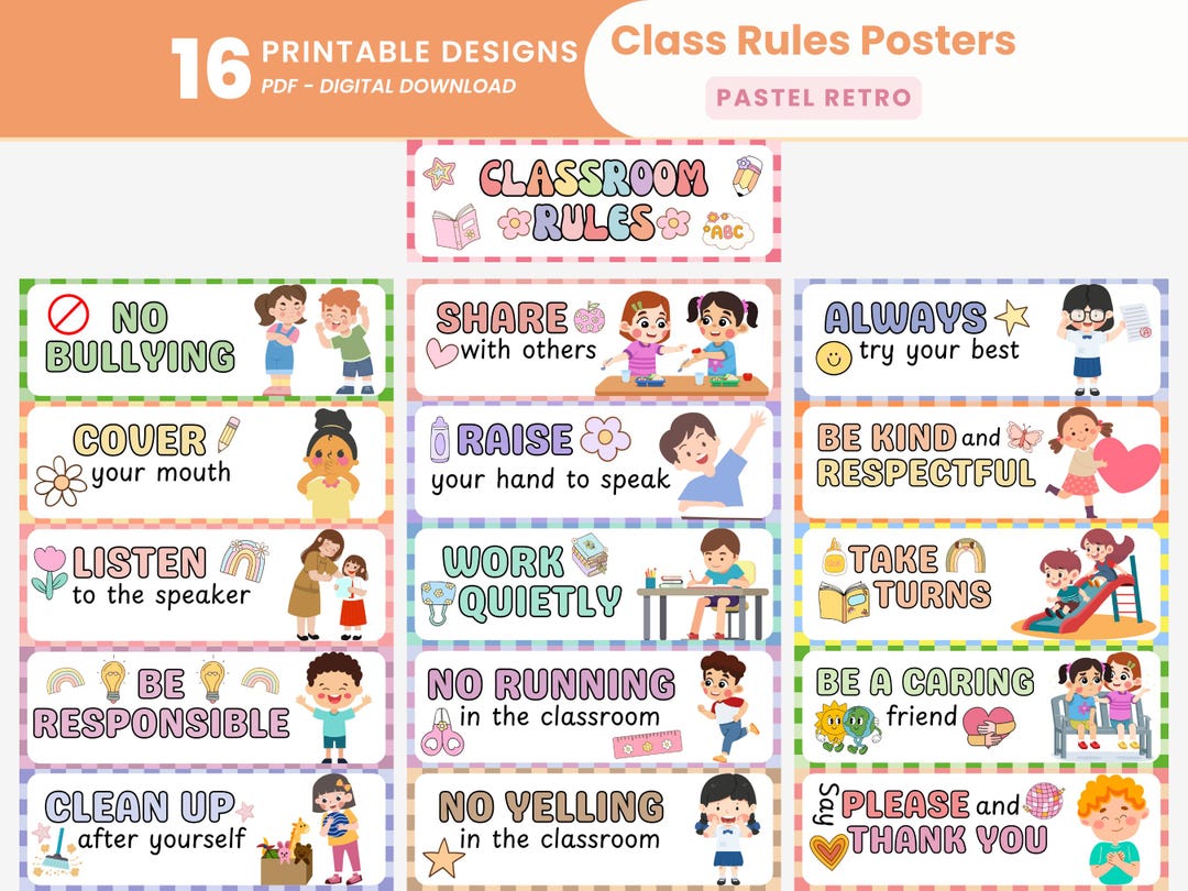 Pastel Retro Classroom Rules Posters Printable Groovy Rules Display ...