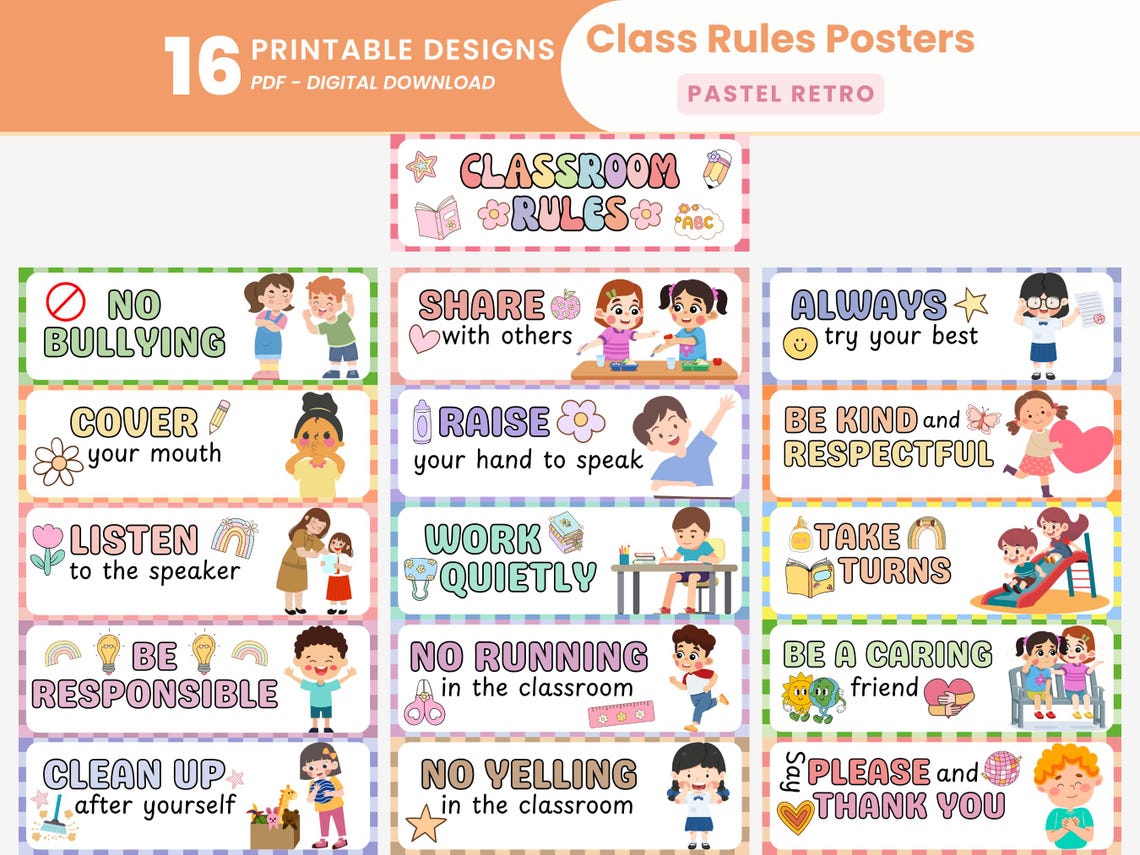 Pastel Retro Classroom Rules Posters Printable Groovy Rules Display ...