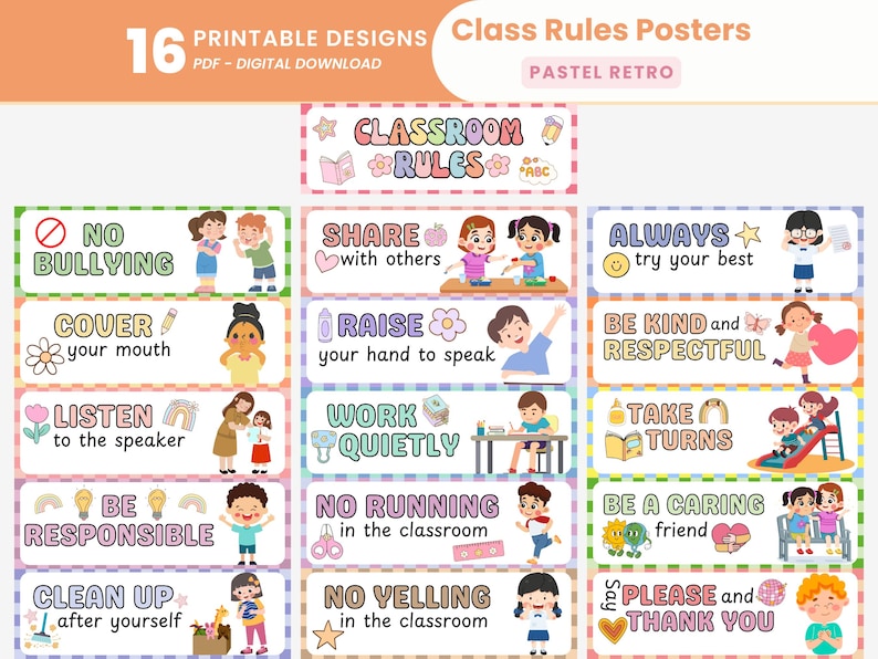 Pastel Retro Classroom Rules Posters Printable Groovy Rules Display ...