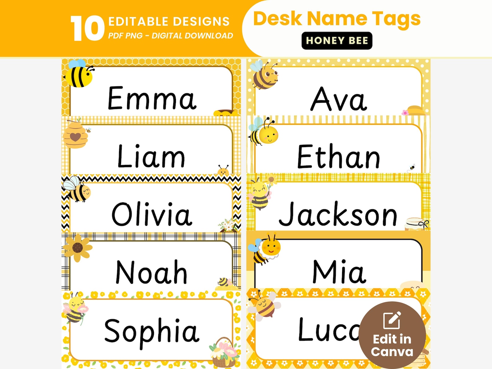 Honey Bee Desk Name Tags Printable Bee Student Name Tags Bumble Bee ...