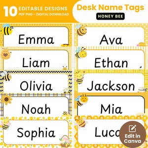 Honey Bee Desk Name Tags Printable Bee Student Name Tags Bumble Bee ...