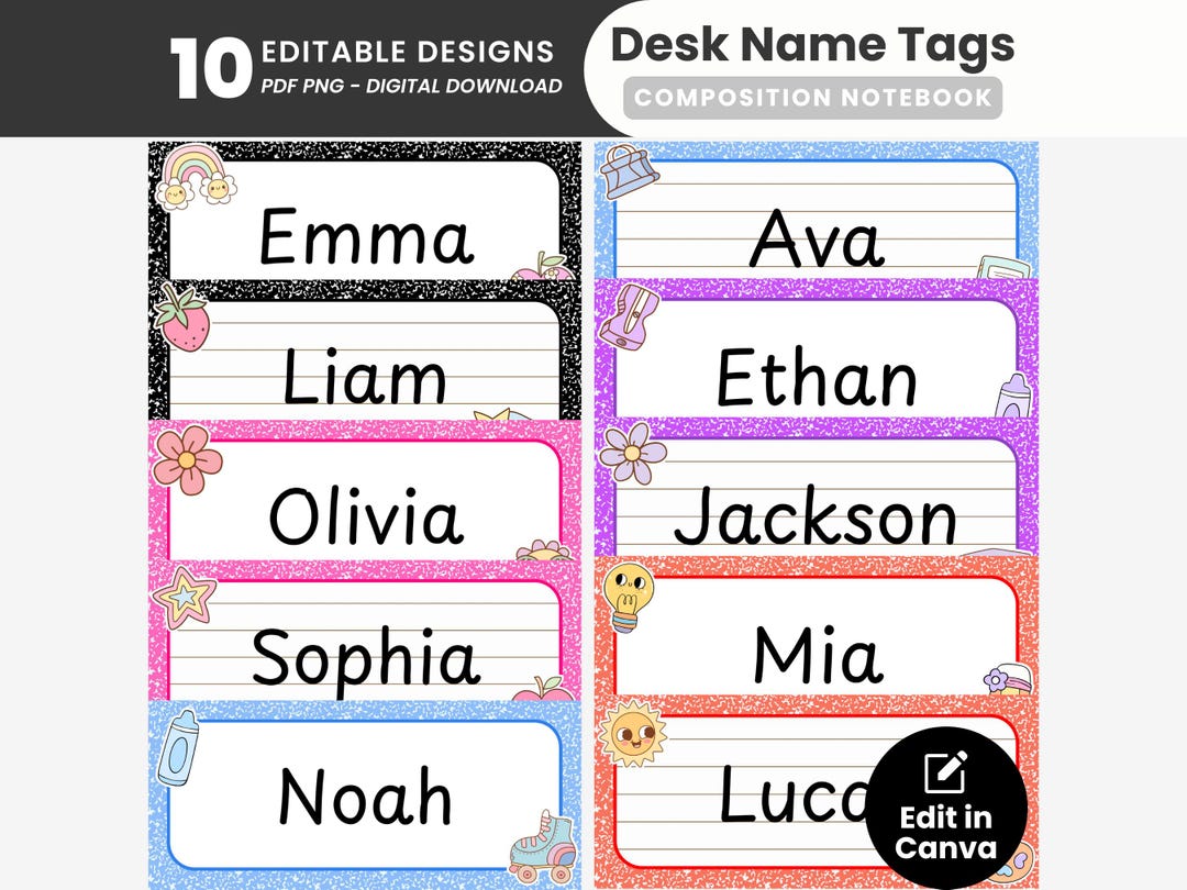 Pastel Composition Notebook Desk Name Tags Editable Composition Book ...