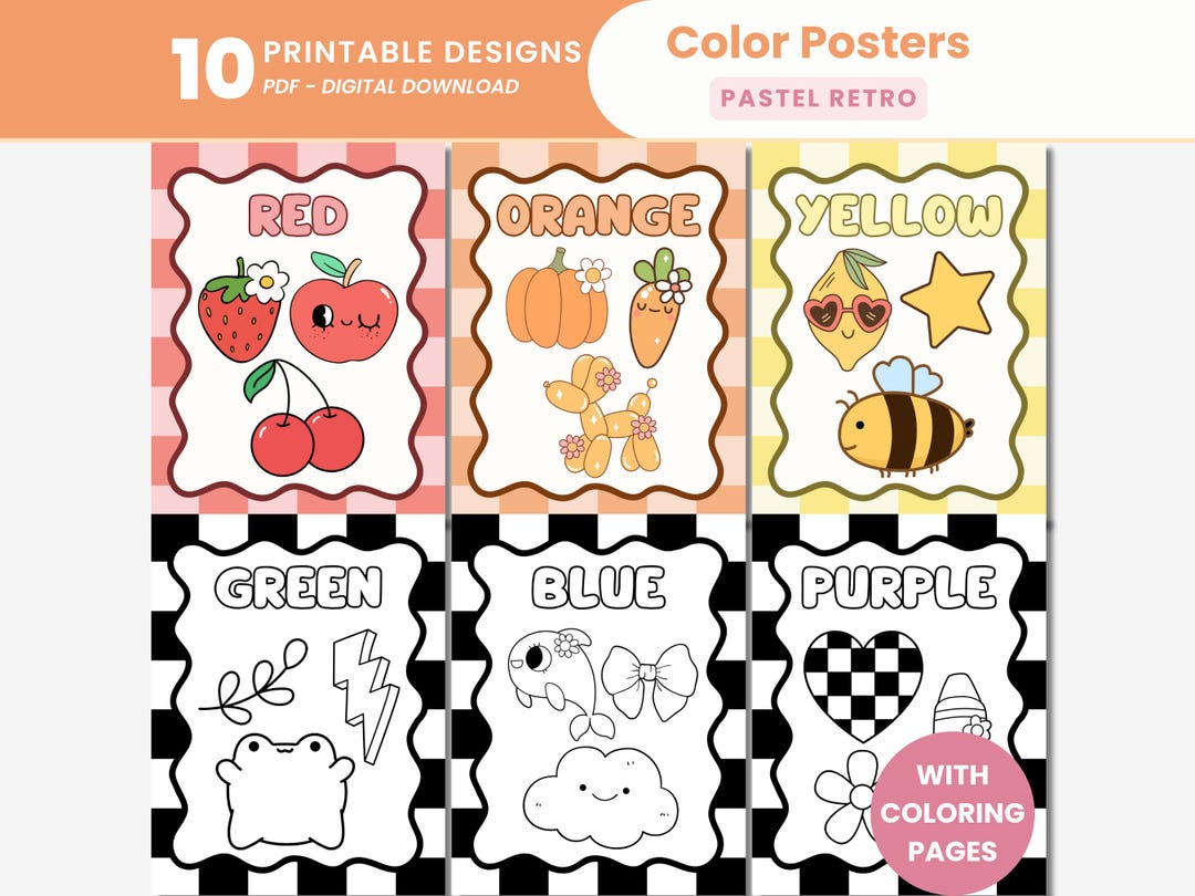 Pastel Retro Rainbow Basic Colors Posters With Matching Coloring Pages ...