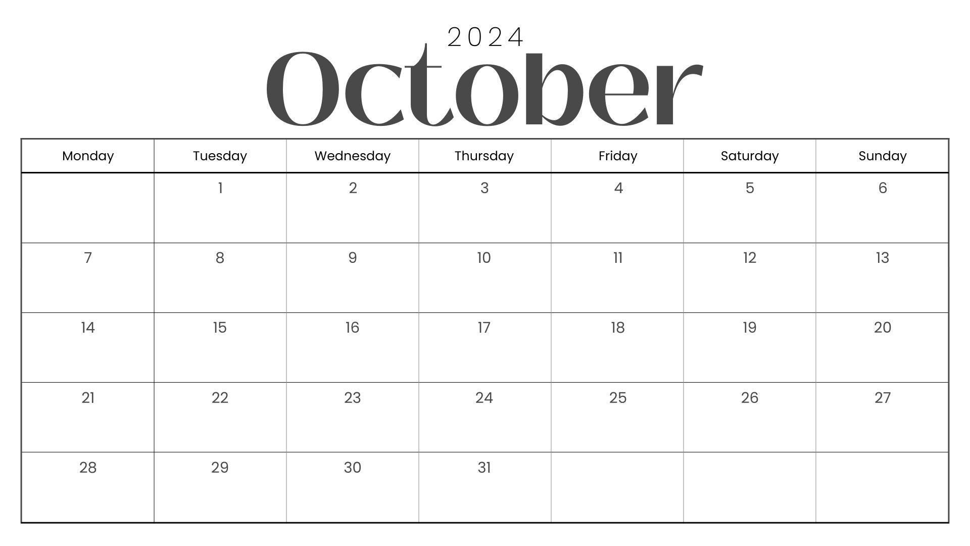 Simple and Elegant October 2024 Calendar Compatible With I0s and ...
