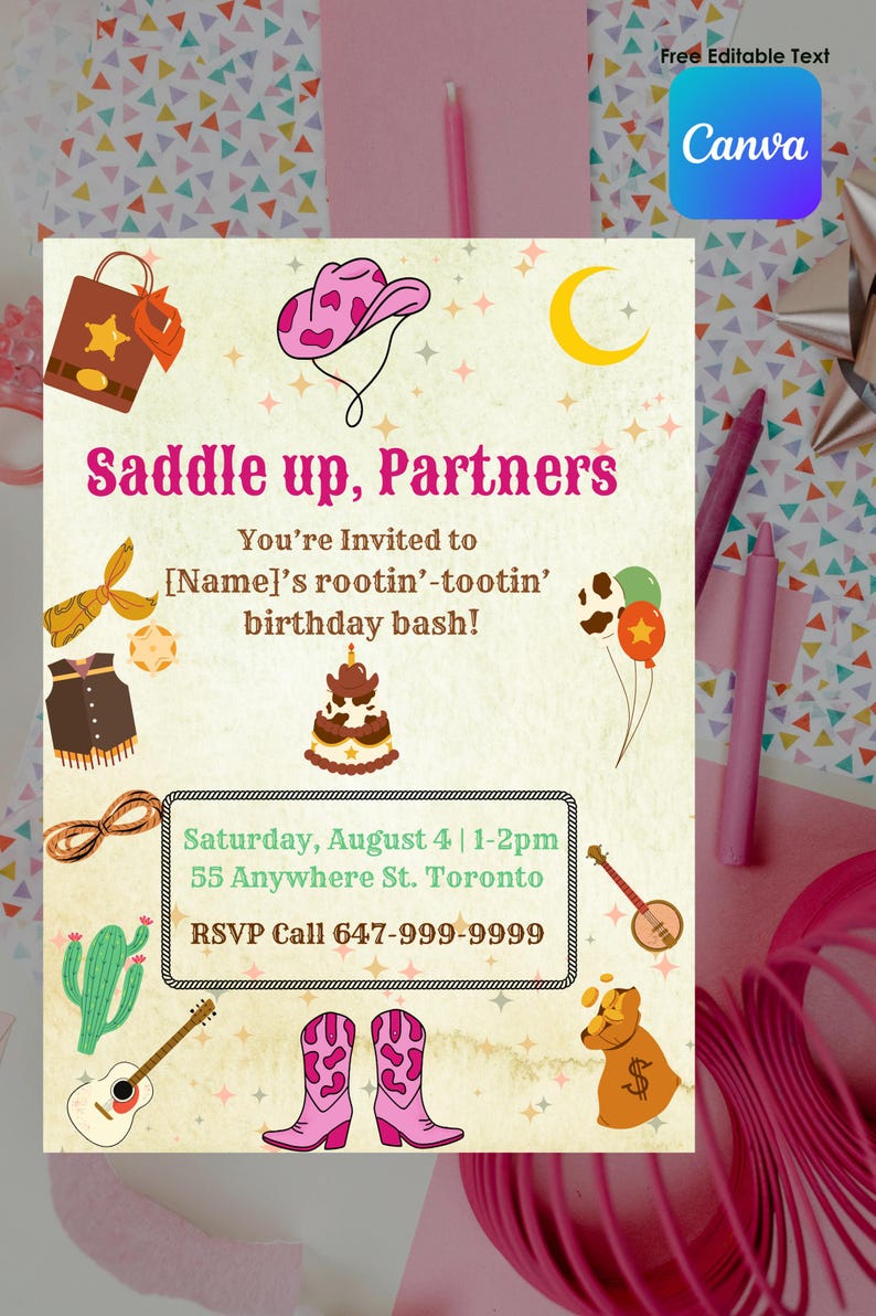 Girl’s Cowboy Themed Birthday Invitation Template – Customizable ...