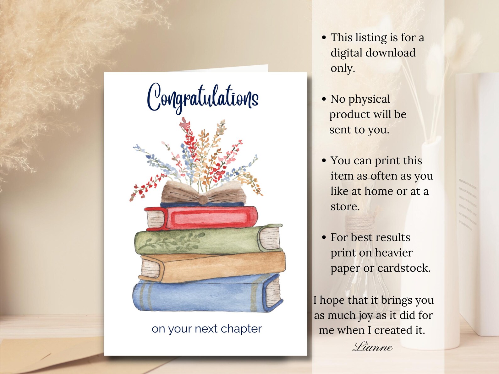 Congratulations Printable Card Watercolor Floral Book Theme Graduation ...