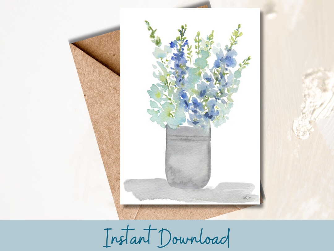 Printable July Birth Flower Card Watercolor Blue Delphinium Floral ...