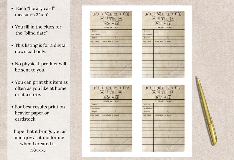 Blind Date With a Book Printable Set Vintage Library Card Style Tags 3 ...