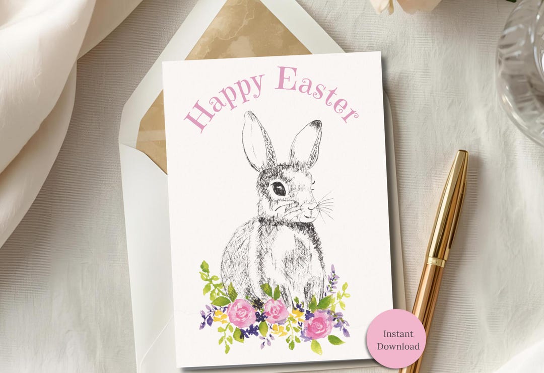 Printable Line Drawing and Watercolor Bunny & Floral Design Spring ...