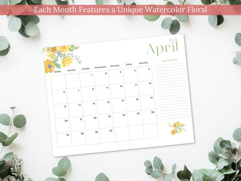2025 Watercolor Floral Calendar Printable: Plan Ahead With Sunday or ...