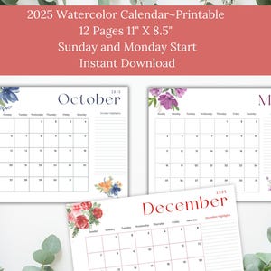 2025 Watercolor Floral Calendar Printable: Plan Ahead With Sunday or ...