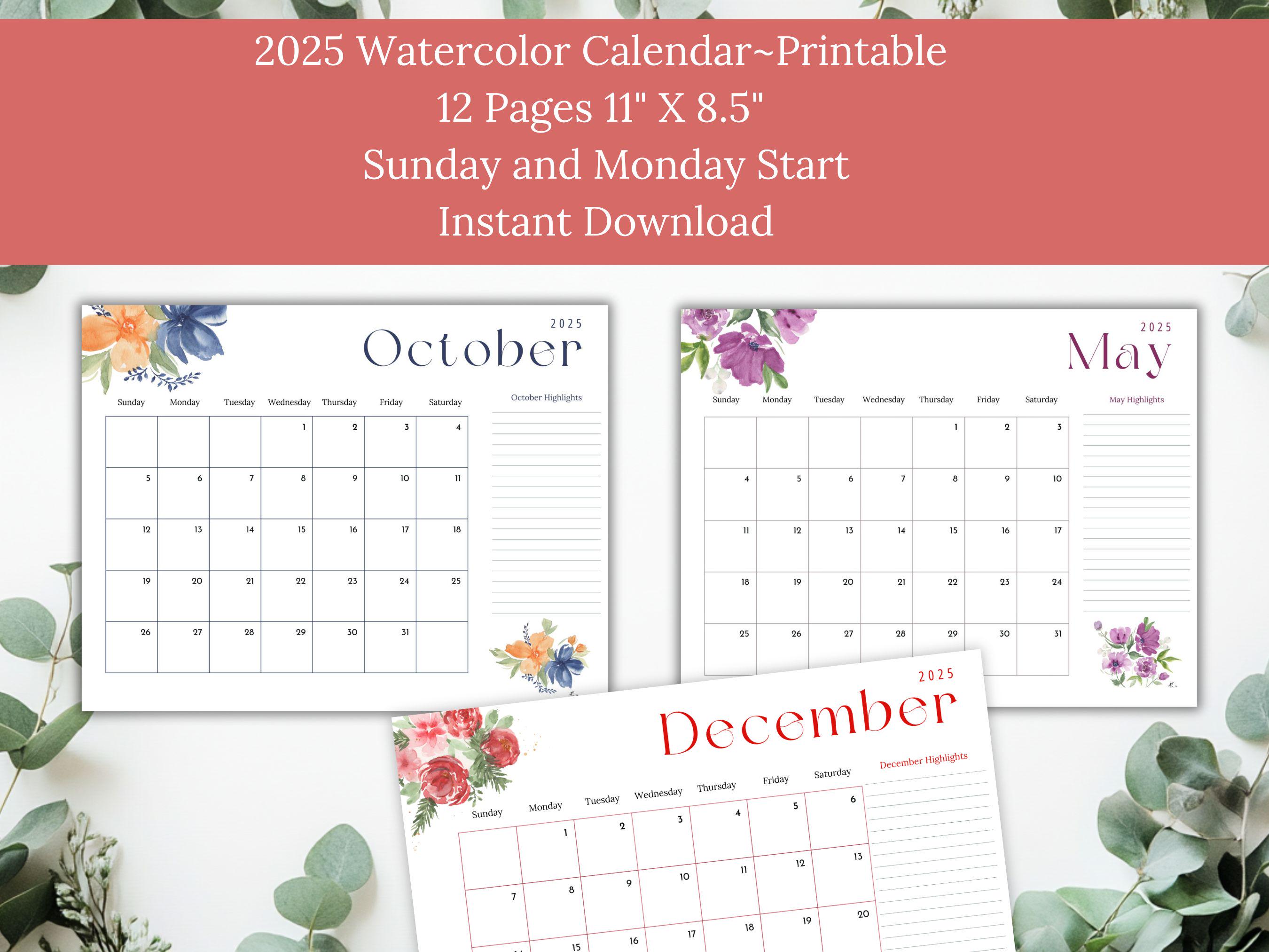 2025 Watercolor Floral Calendar Printable: Plan Ahead With Sunday or ...
