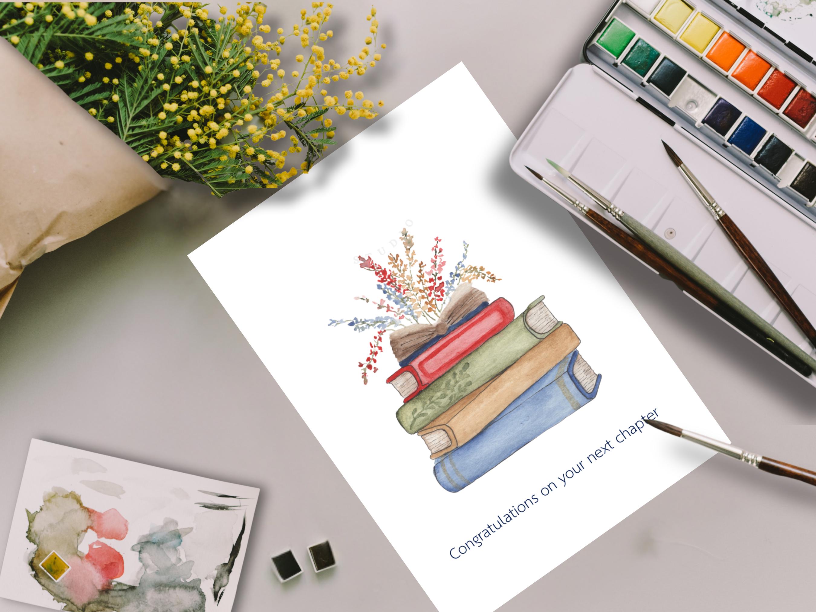 Printable Congratulations Card Watercolor Books & Flowers 'next Chapter ...