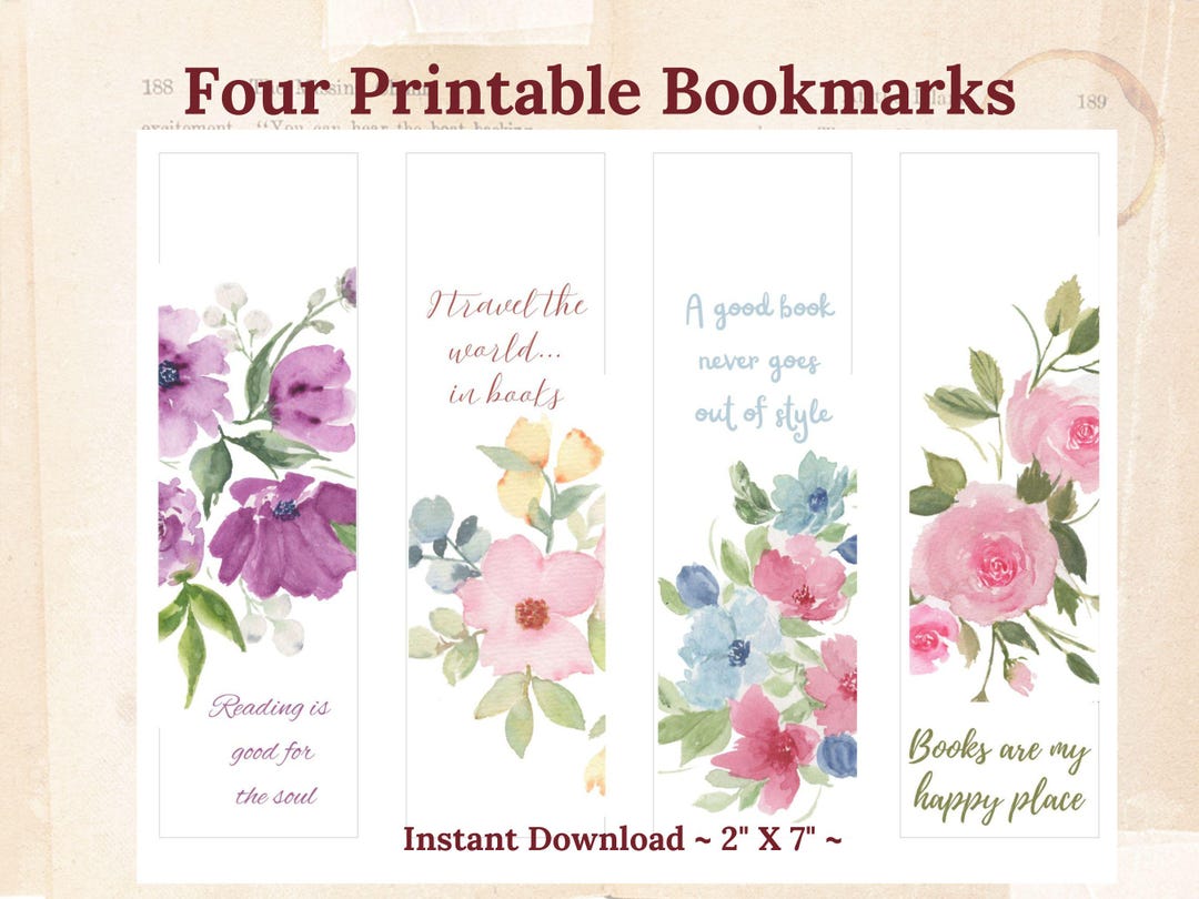 Watercolor Floral Bookmarks Set of 4 Printable Book Lover Gift ...