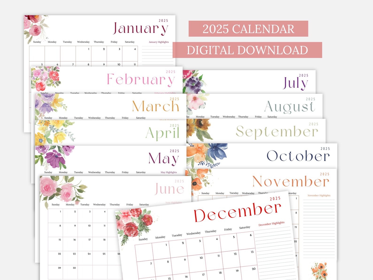 2025 Watercolor Floral Calendar Printable: Plan Ahead With Sunday or ...
