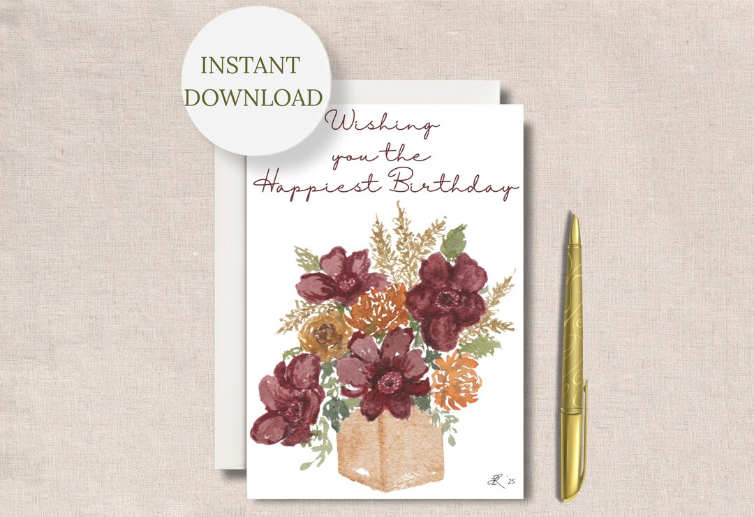 Cosmos Birthday Card Digital Download Printable Floral Watercolor ...