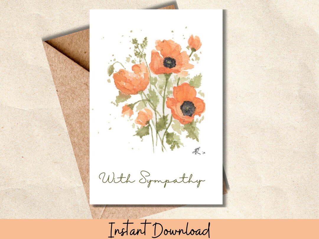 Printable With Sympathy Card Watercolor Poppy Design Floral Condolence ...