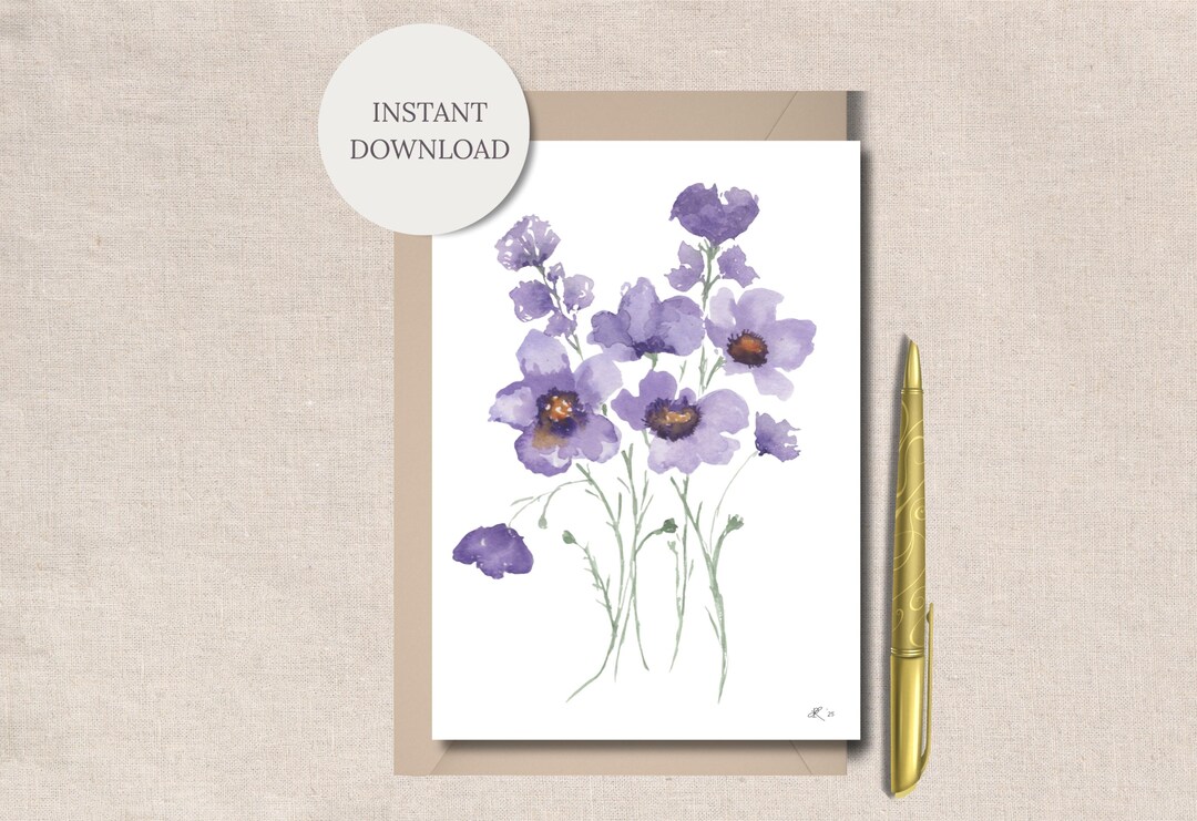 Printable Watercolor Floral Note Card Purple Flowers Stationery for ...