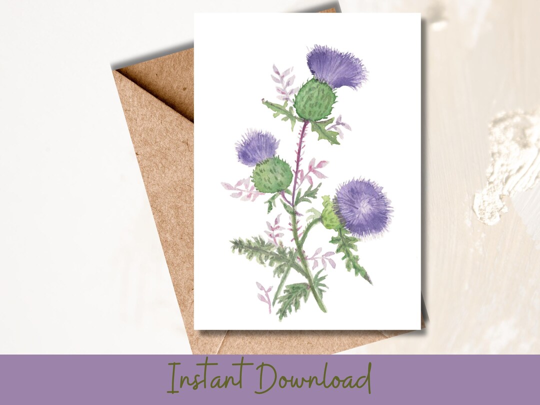 Printable Watercolor Thistle Note Card Elegant Purple Floral Stationery ...