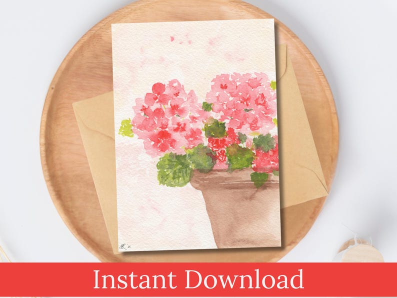 Printable Red Geranium Watercolor Card Botanical Floral Greeting Card ...