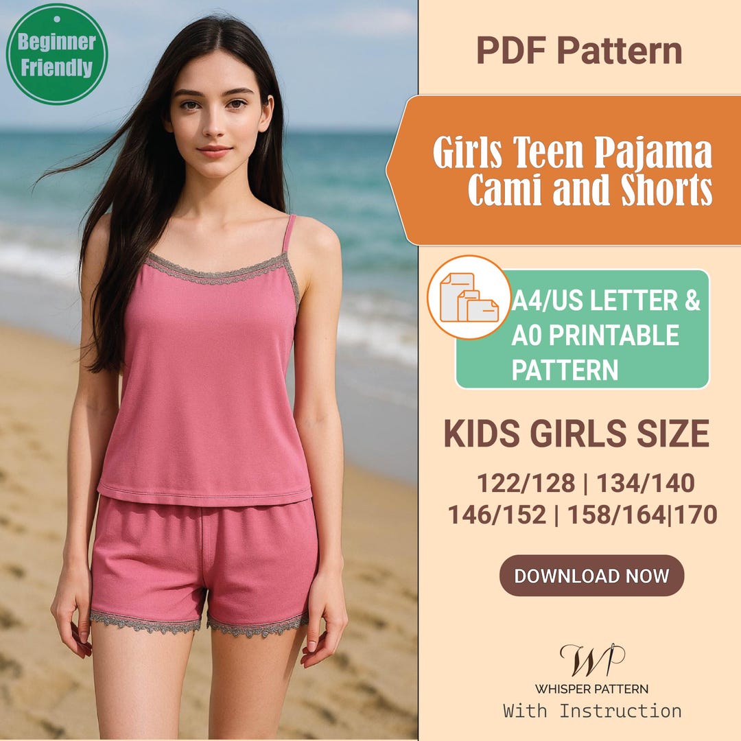 Pajama Teen Sewing Pattern PDF | Shorts and Cami Top Sleepwear | Kids ...