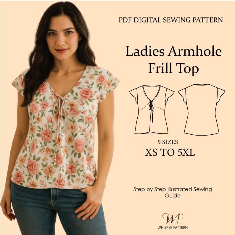 Flutter Sleeve Top Sewing Pattern PDF: Armhole Frill Blouse (XS-5XL ...