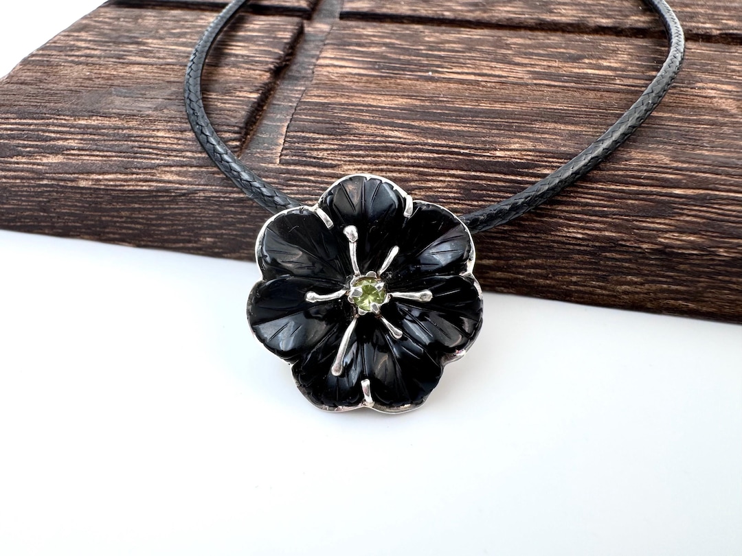 Genuine Natural Black Tourmaline Floral Pendant With Crystal Center ...