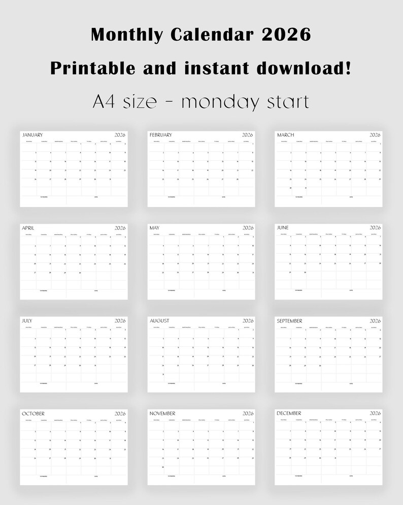 2026 Monatskalender zum Ausdrucken - Etsy.de