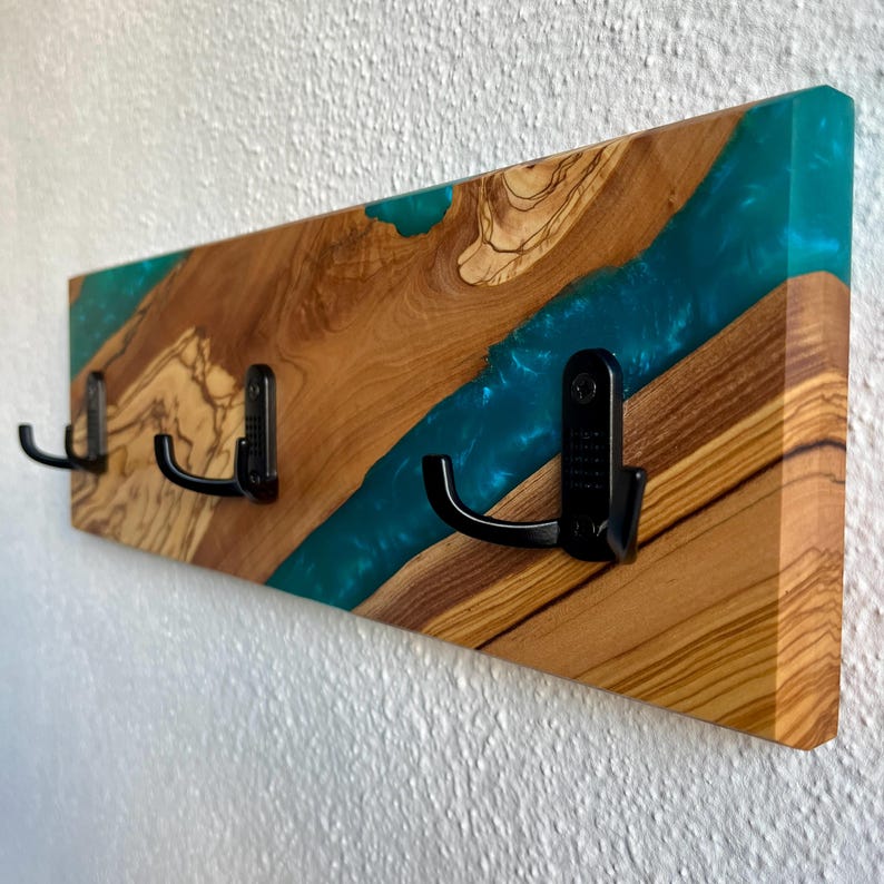 Resin Coat Rack for Wall, Olive Wood and Epoxy Hat Rack, Wooden Towel ...