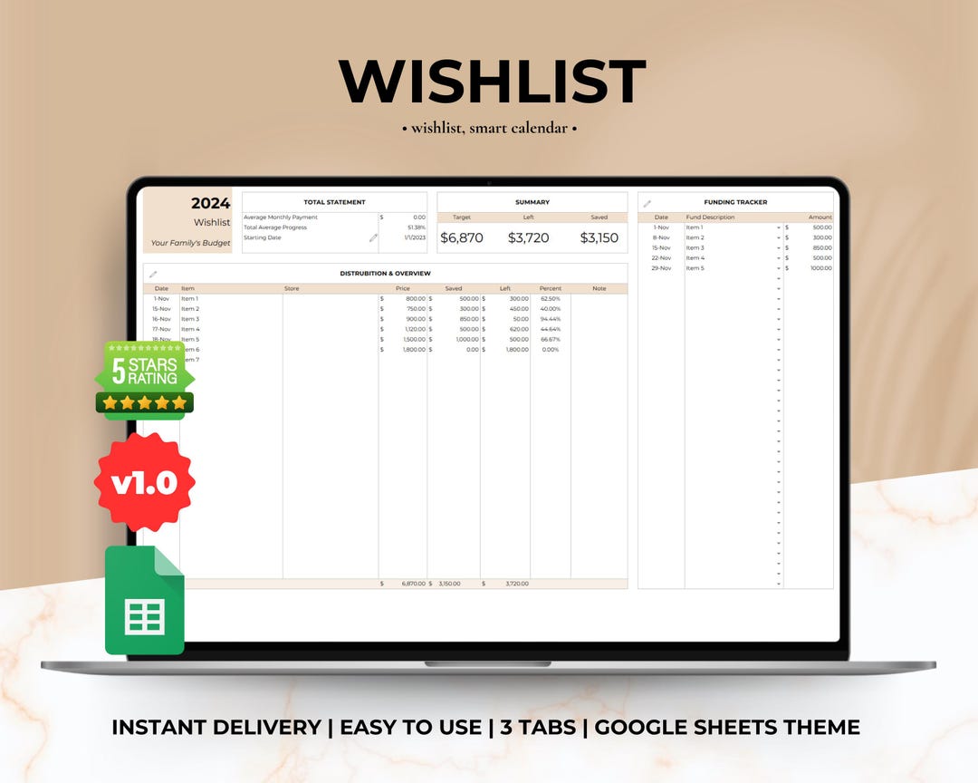 Wishlist Tracker for Google Sheets | Savings Goal Planner | Bucket List ...
