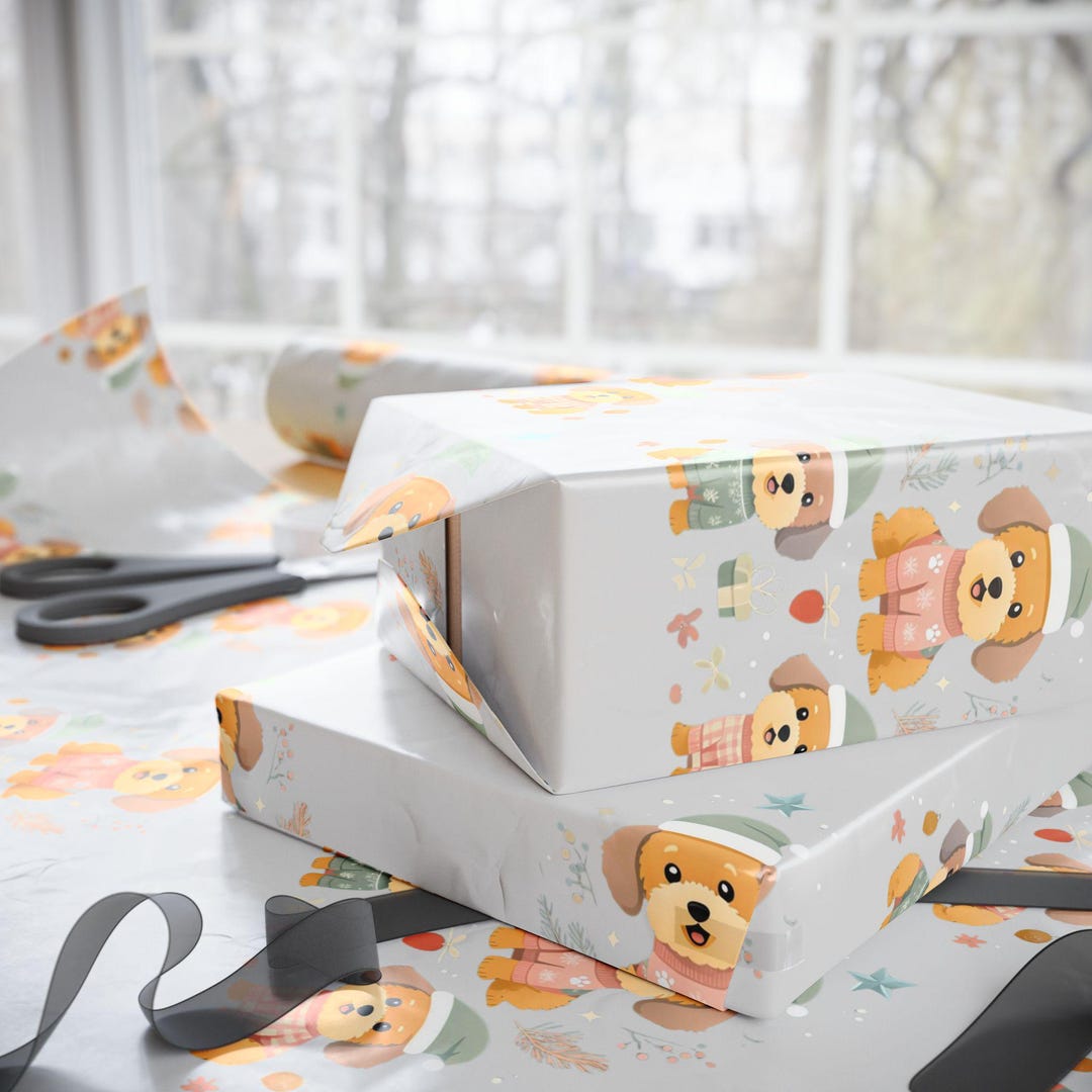 Christmas Puppies Wrapping Paper Holiday Gift Wrap, Festive Dog Lover ...