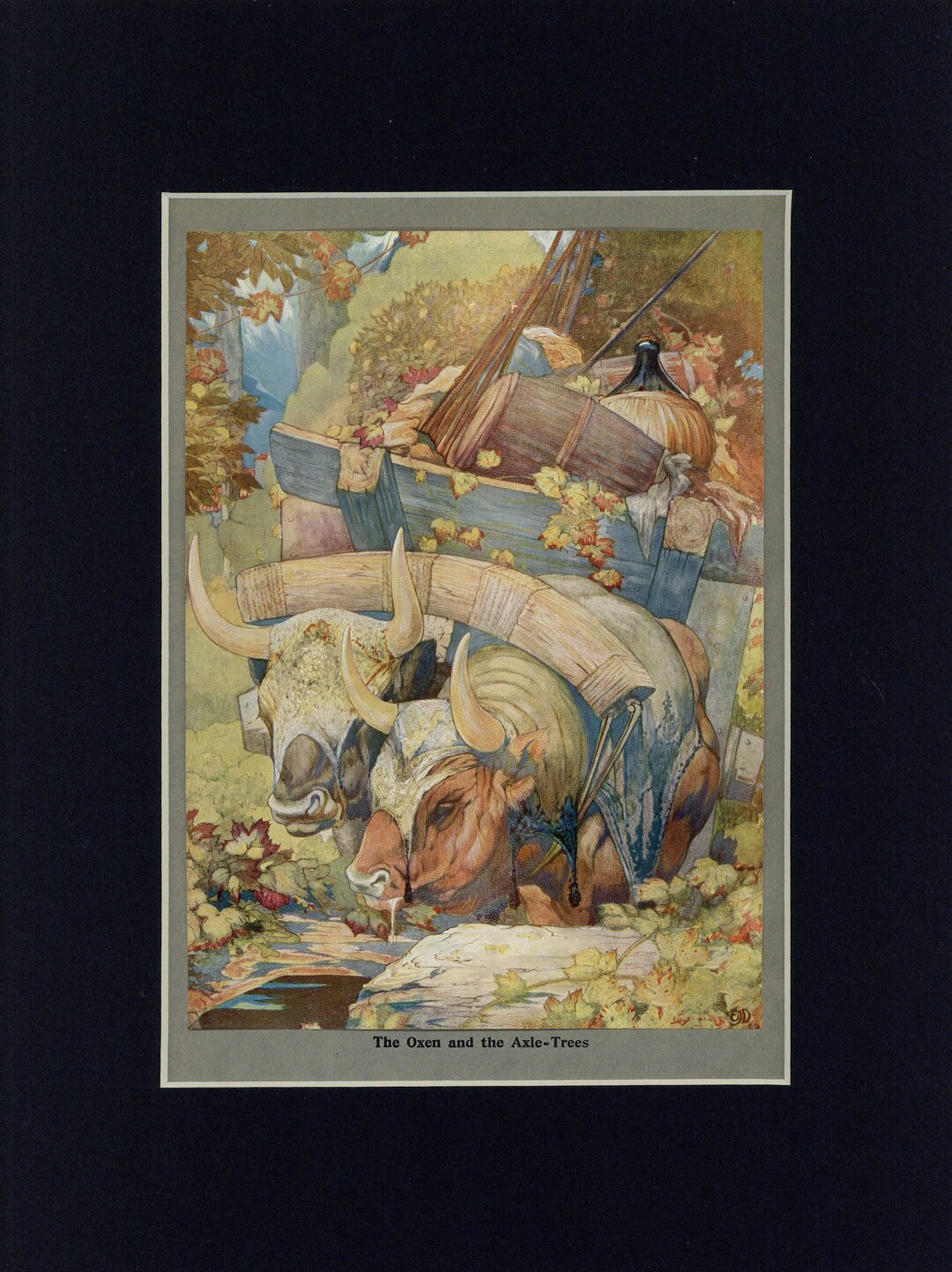 Antique Circa 1909 Aesop Print of the Oxen and the Axle-tree by Edward ...