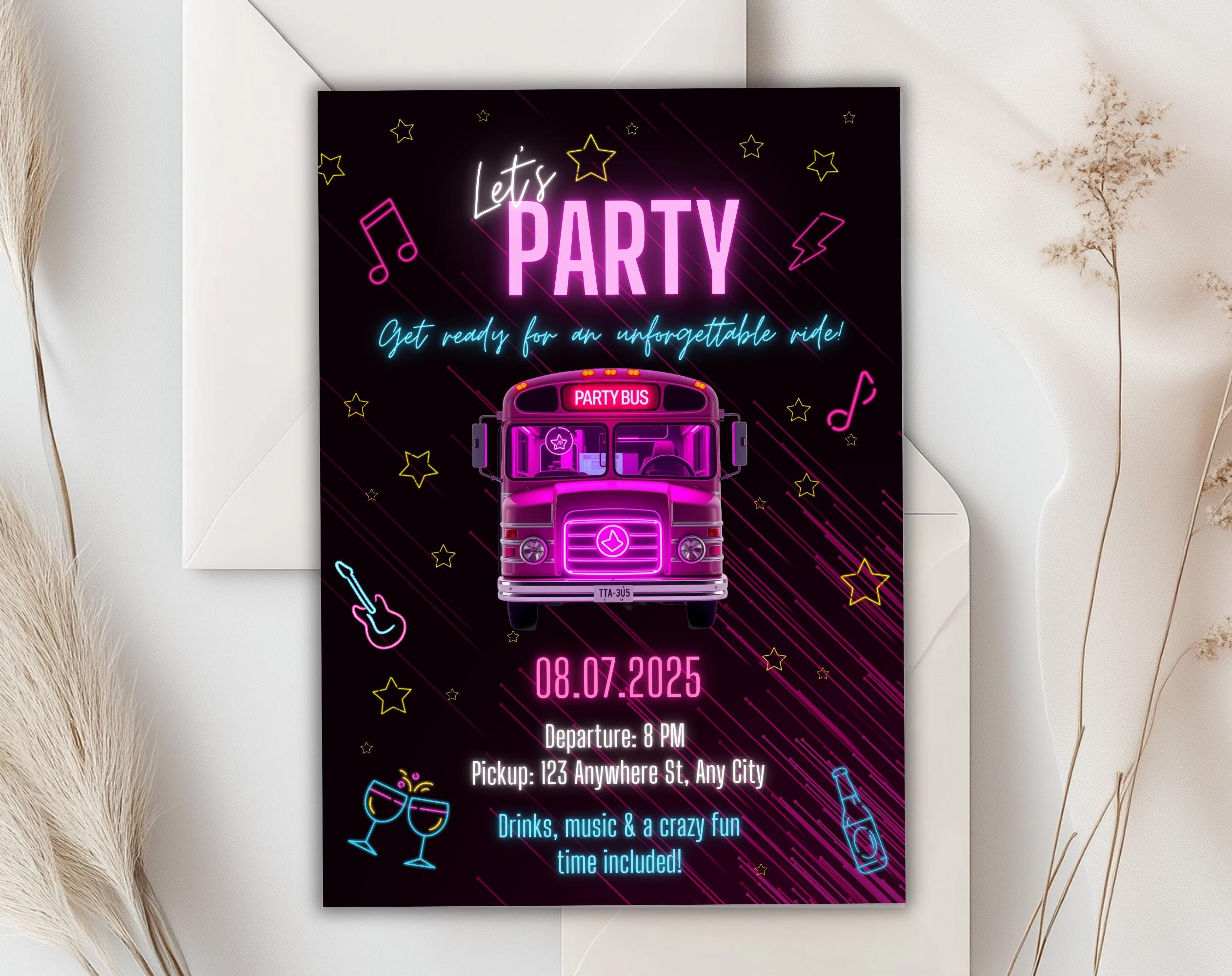 Party Bus Invitation | Birthday Flyer | Neon Bus | Digital & Printable ...