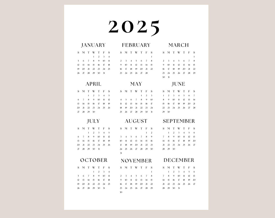 2025 Calendar Sunday Start Single Page Printable Calendar Yearly ...