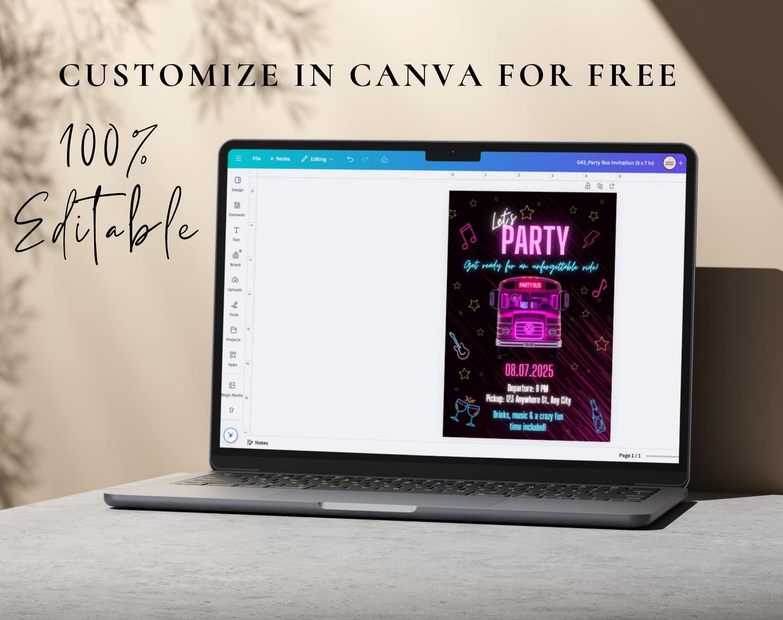 Party Bus Invitation | Birthday Flyer | Neon Bus | Digital & Printable ...