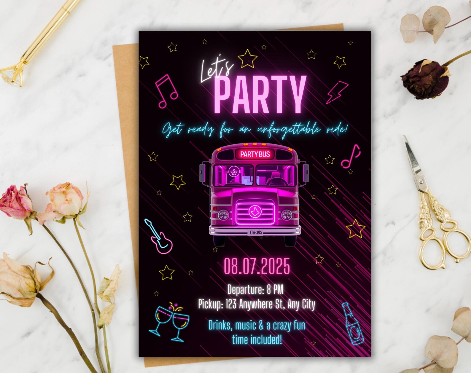 Party Bus Invitation | Birthday Flyer | Neon Bus | Digital & Printable ...