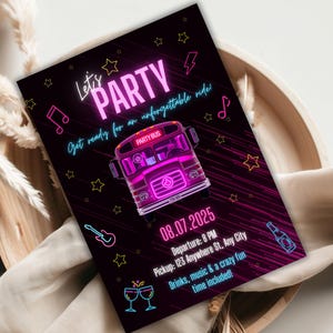 Party Bus Invitation | Birthday Flyer | Neon Bus | Digital & Printable ...