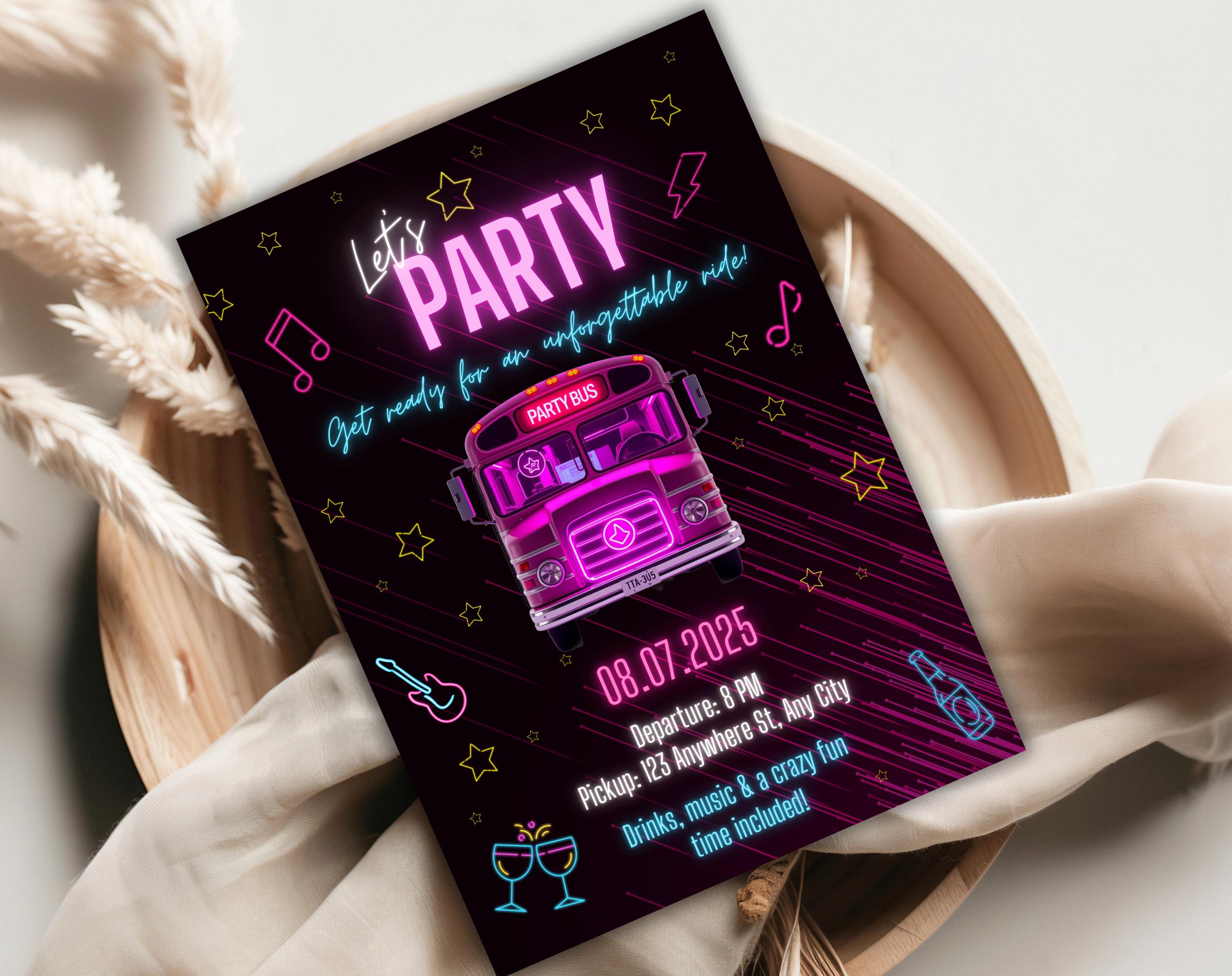 Party Bus Invitation | Birthday Flyer | Neon Bus | Digital & Printable ...