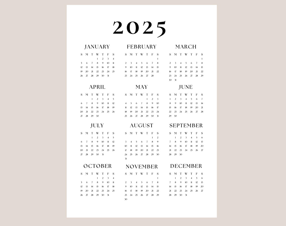 2025 Calendar Sunday Start Single Page Printable Calendar Yearly ...
